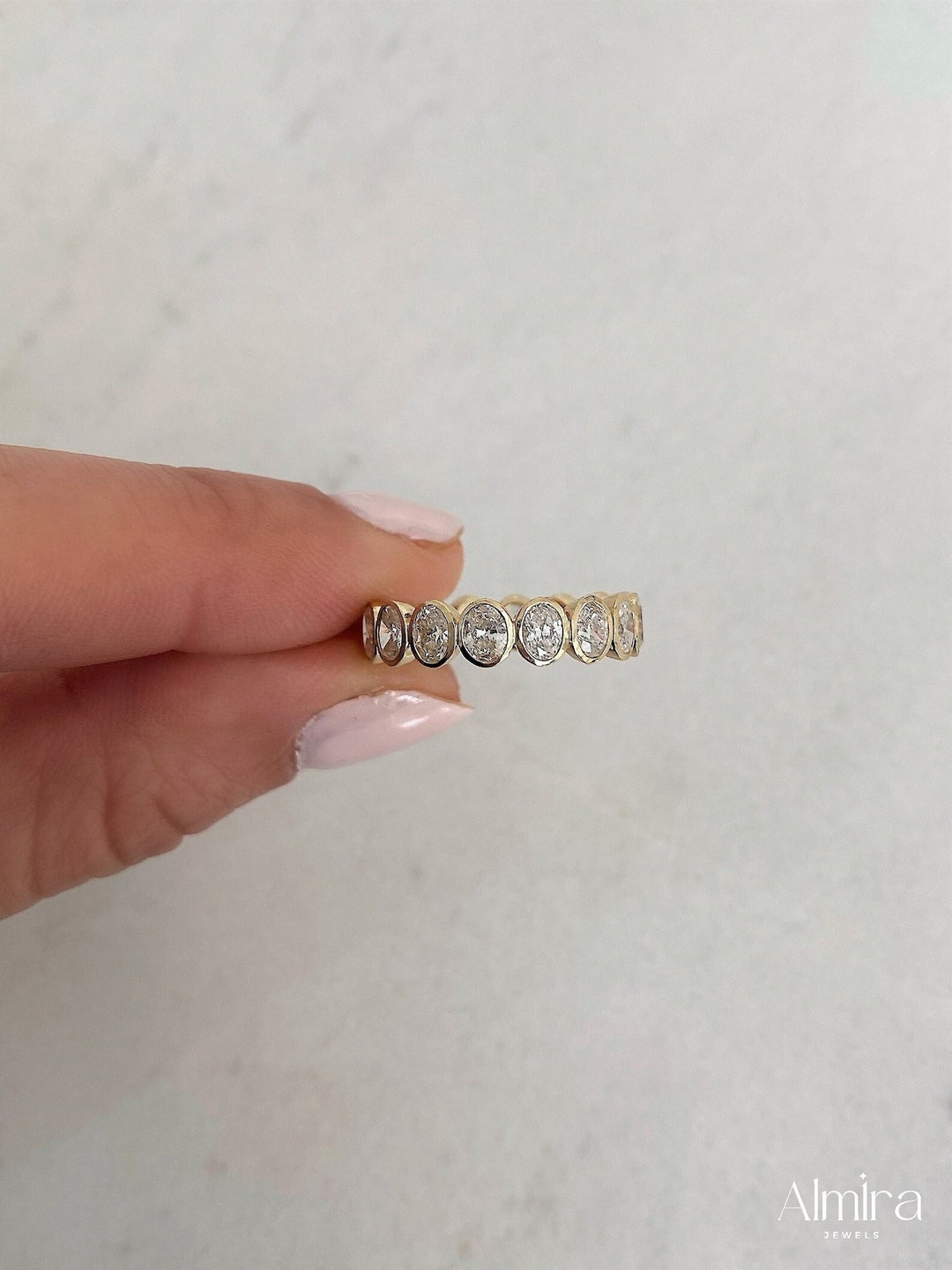 Bezel Set Oval Cut Moissanite Wedding Band, Full Eternity Stacking Band ...