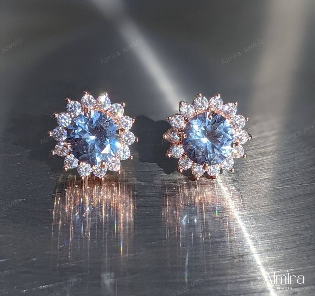 Cyan Blue Moissanite Diamond Earrings, Round Cut Cluster Halo Studs for ...