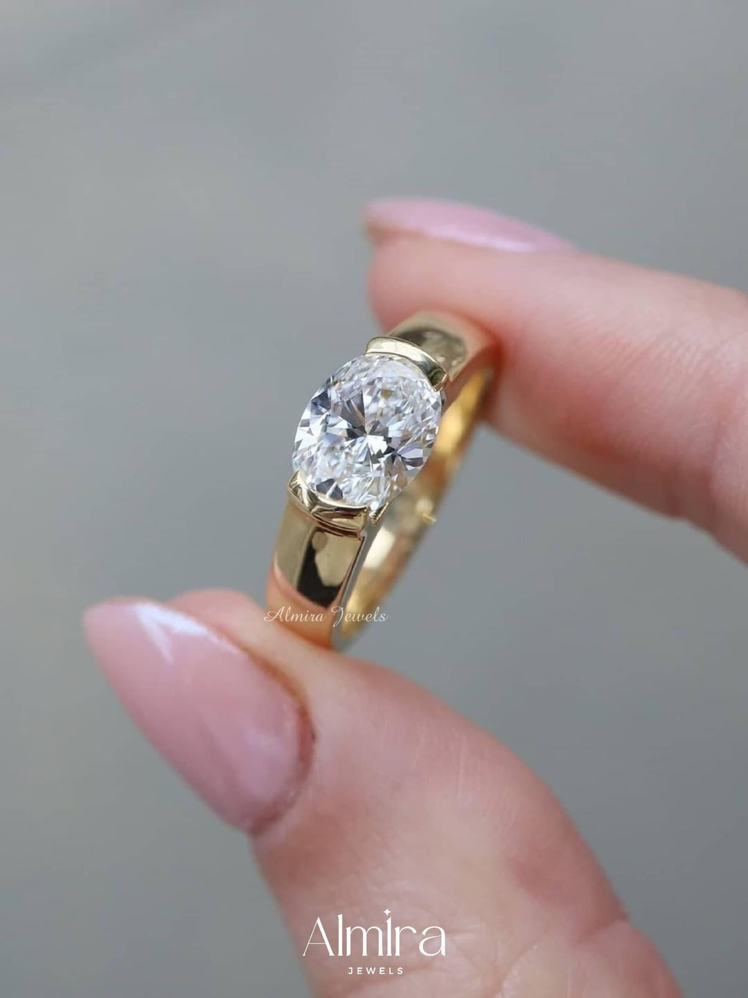 East-west Oval Cut Moissanite Engagement Ring of Half Bezel Set , 2 CT ...