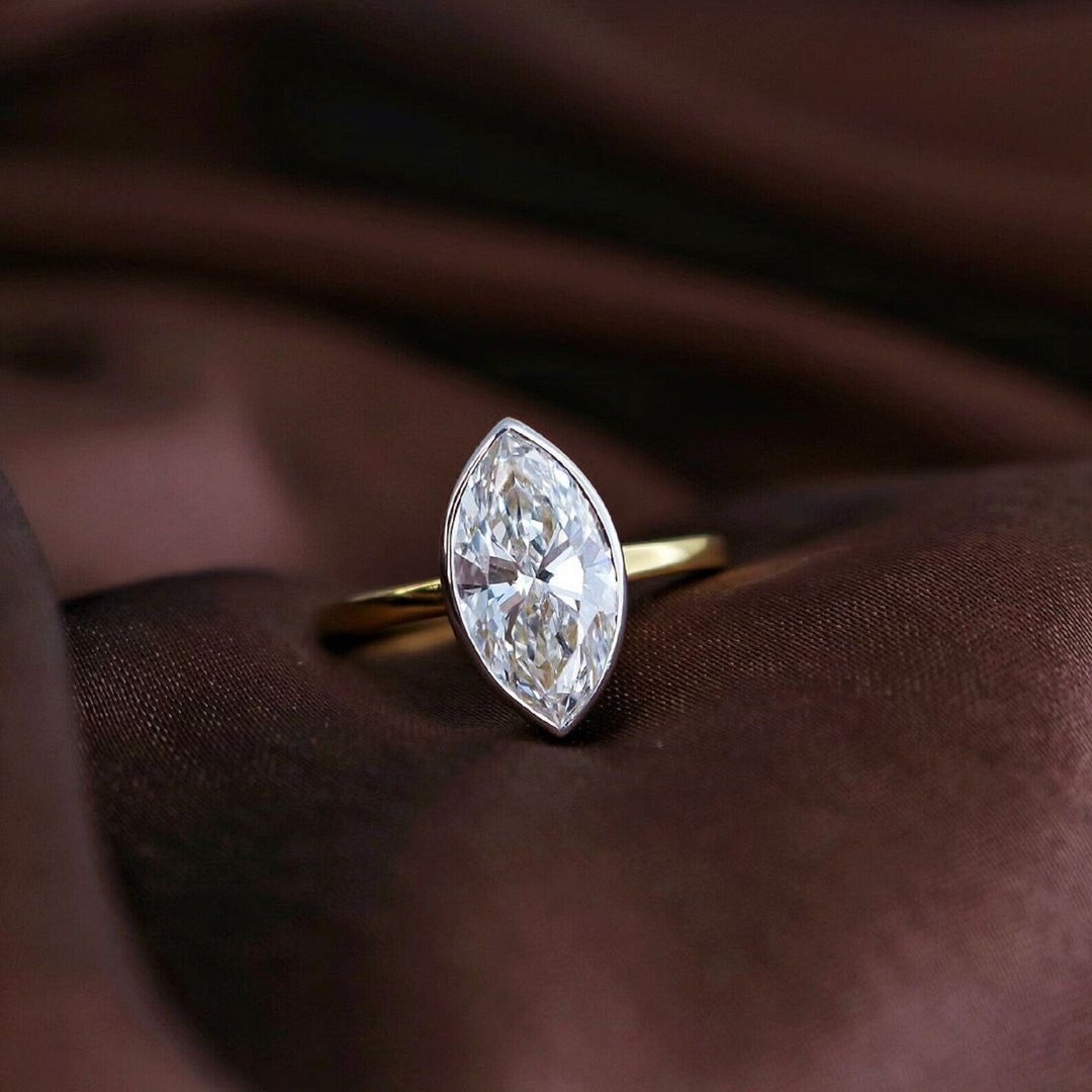 Marquise Cut Moissanite Engagement Ring, 1.50 CT Marquise Diamond Bezel ...