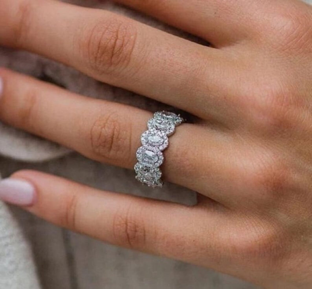 Oval Cut Moissanite Wedding Band, Classic Diamond Halo Anniversary Band ...