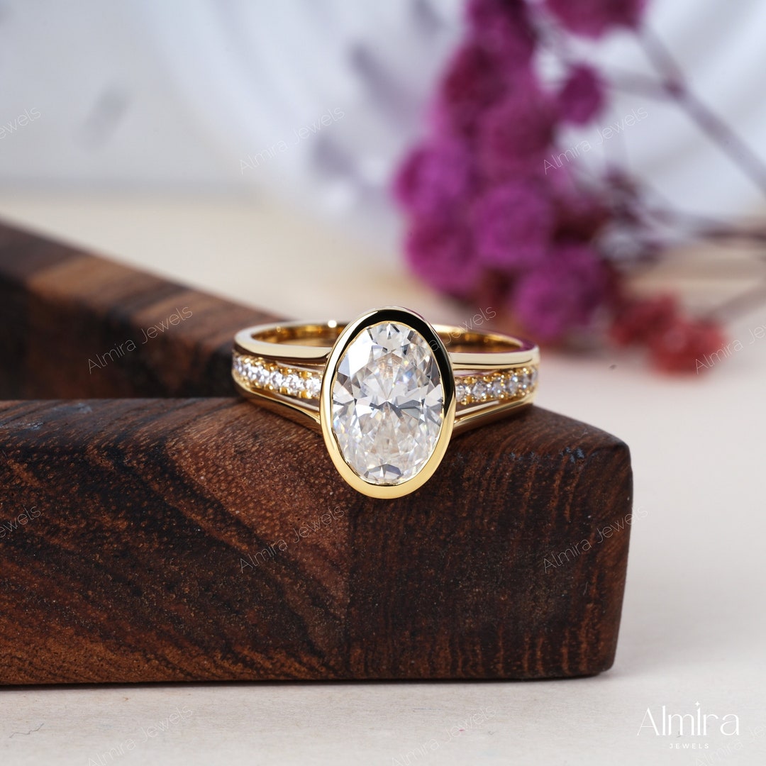 3.00 CT Oval Cut Lab Grown Diamond Engagement Ring, Bezel Set Wedding Anniversary Rings for ...