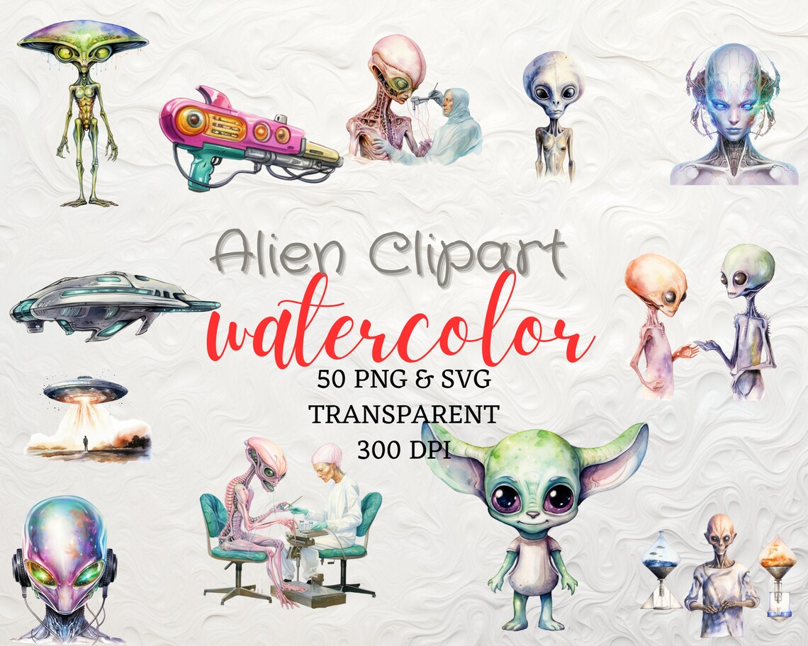 Watercolor Alien Clipart 50 Alien PNG Space SVG Ufo Clipart Galaxy ...