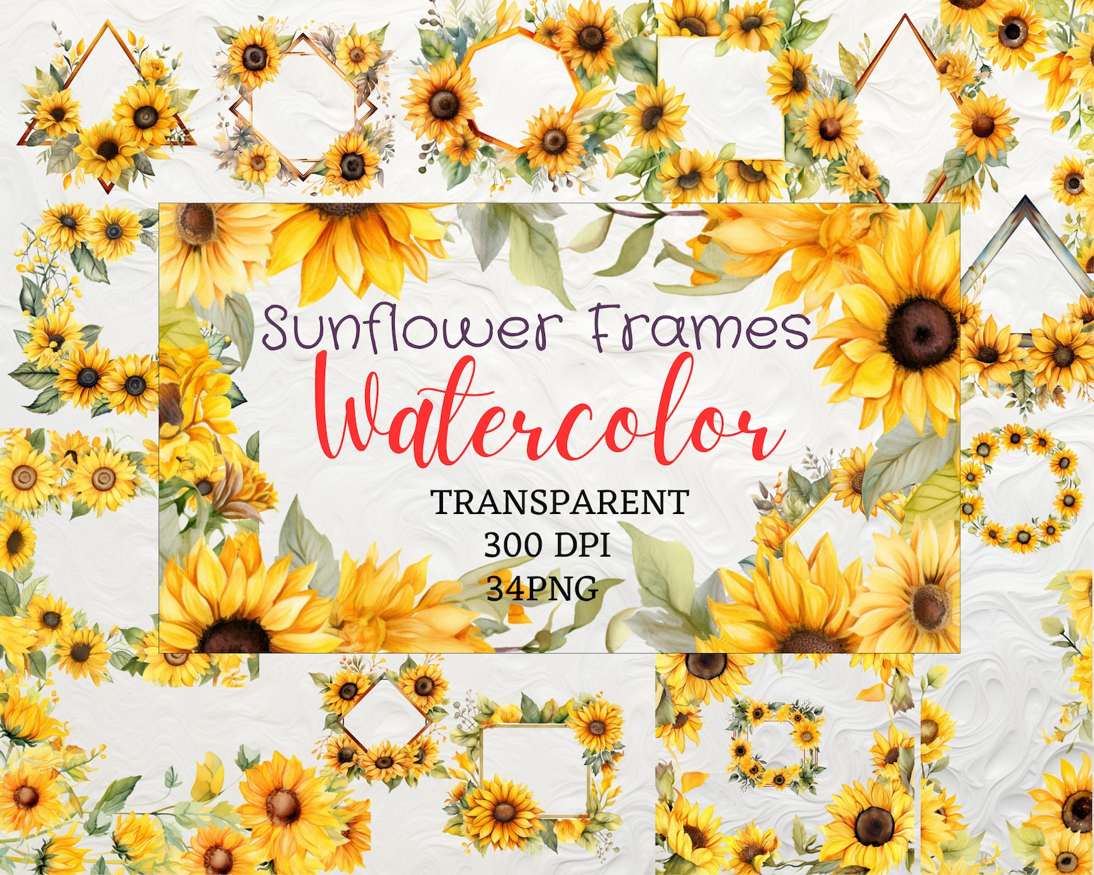 Watercolor Sunflower Clipart 34 PNG Sunflower Frame Clipart Instant ...