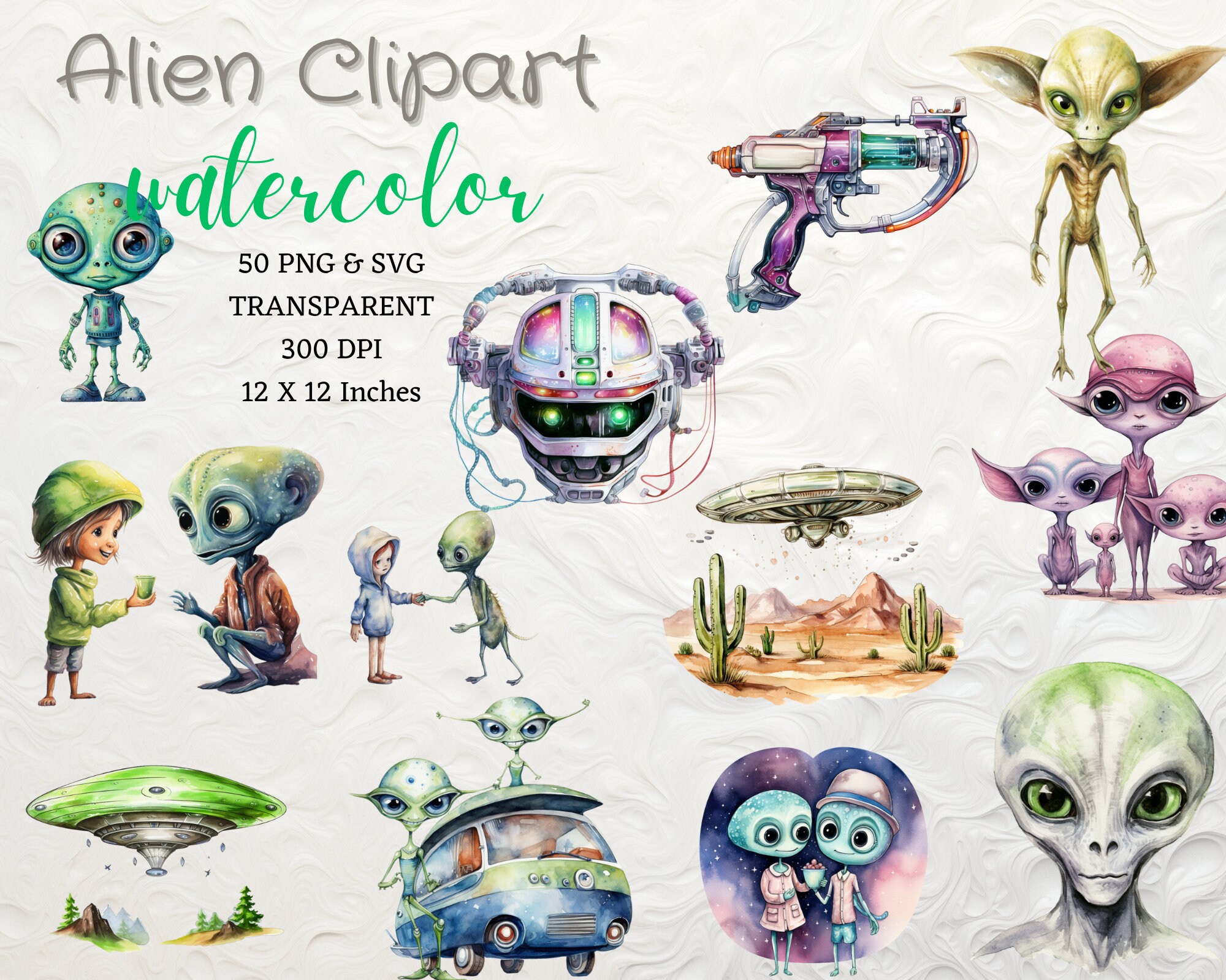 Watercolor Alien Clipart 50 Alien PNG Space SVG Ufo Clipart Galaxy ...