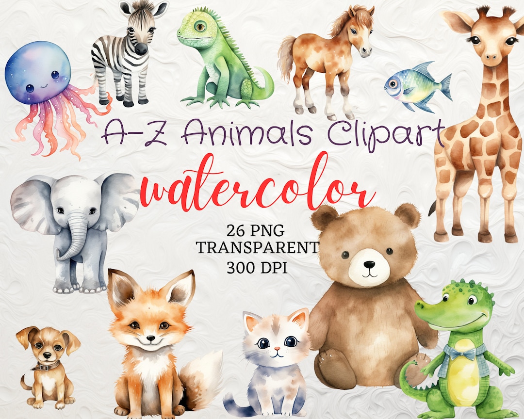 Watercolor Animals Clipart 26 PNG Animals A-Z Clipart Instant Download ...