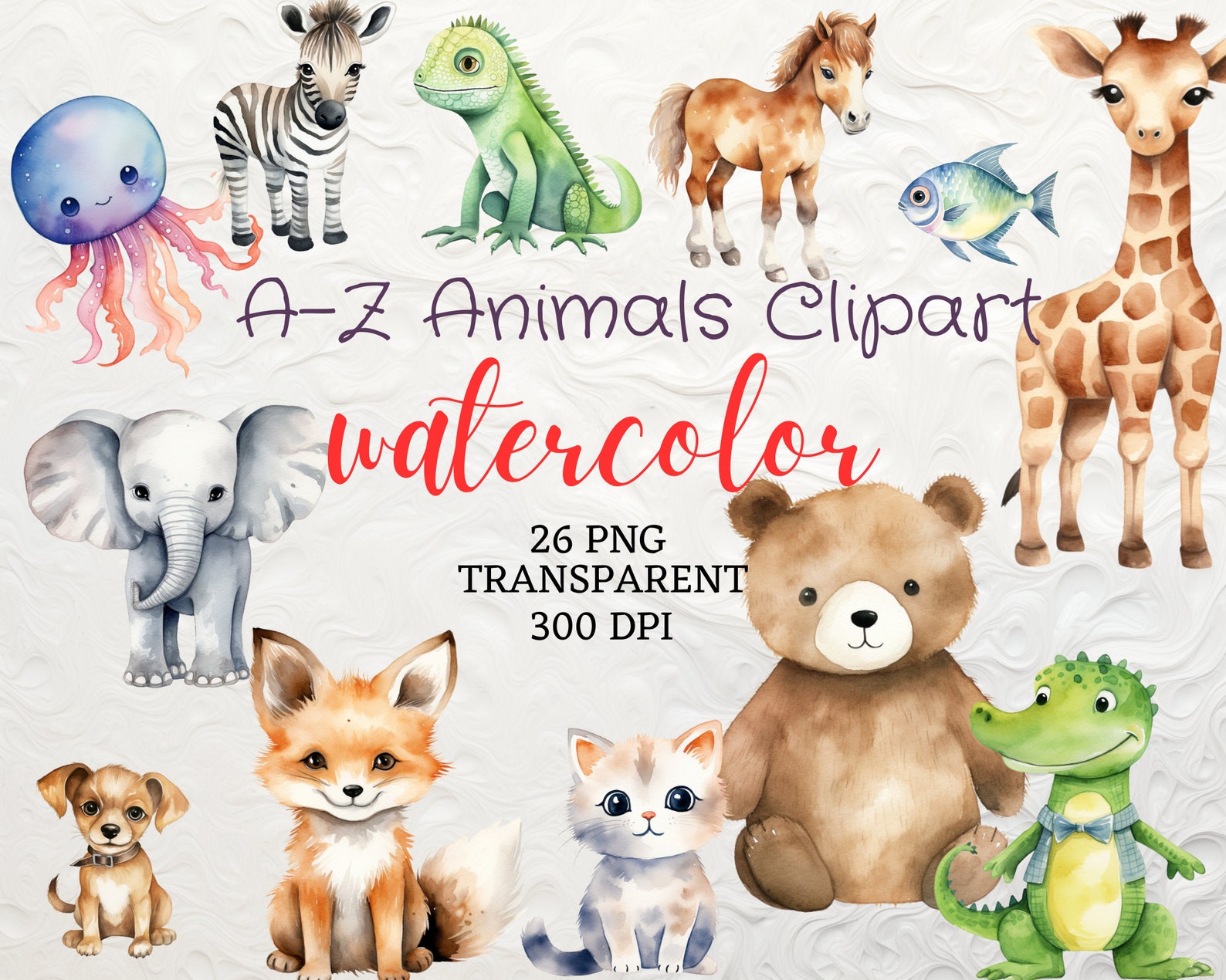 Watercolor Animals Clipart 26 PNG Animals A-Z Clipart Instant Download ...