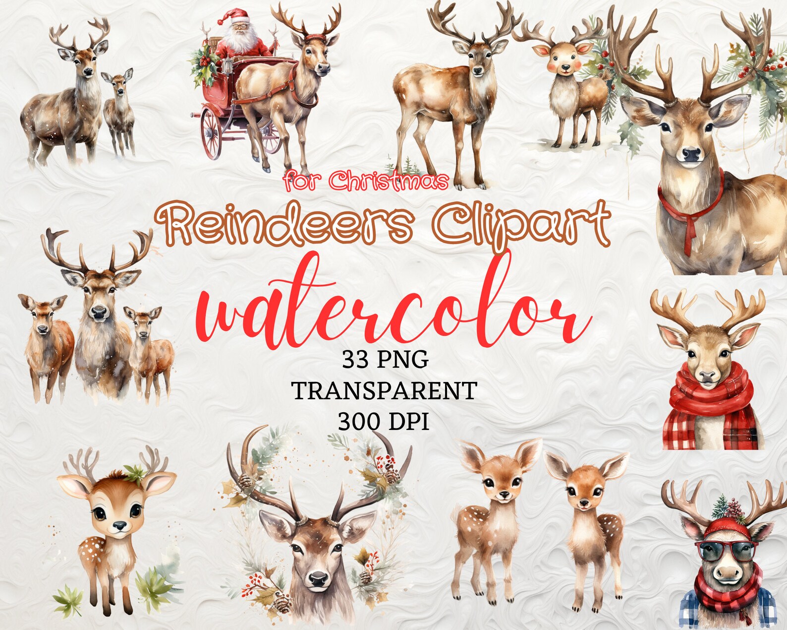 Watercolor Christmas Reindeers Clipart 33 PNG Reindeer Instant Download ...