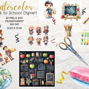 Watercolor Back to School Clipart Teacher Clipart 60 PNG SVG Watercolor ...