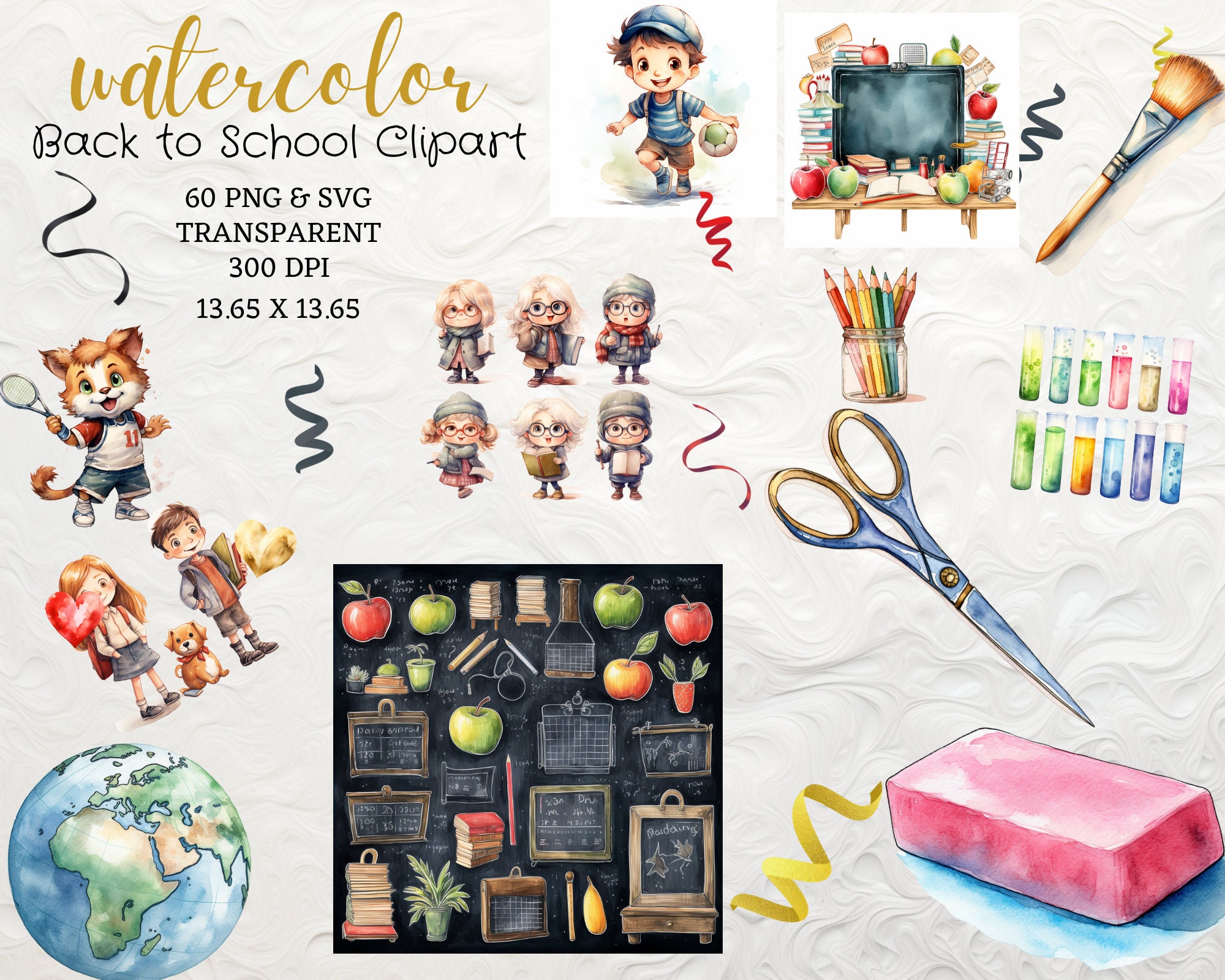 Watercolor Back to School Clipart Teacher Clipart 60 PNG SVG Watercolor ...