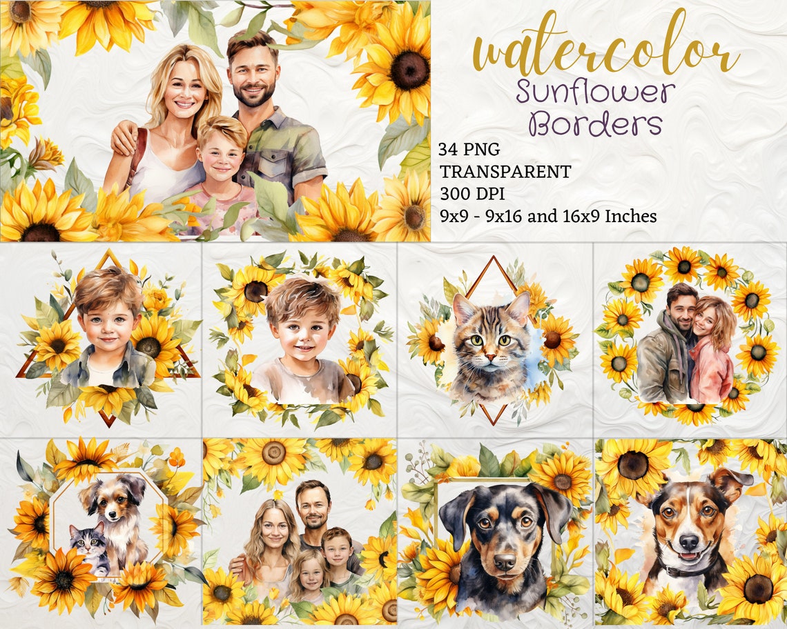 Watercolor Sunflower Clipart 34 PNG Sunflower Frame Clipart Instant ...