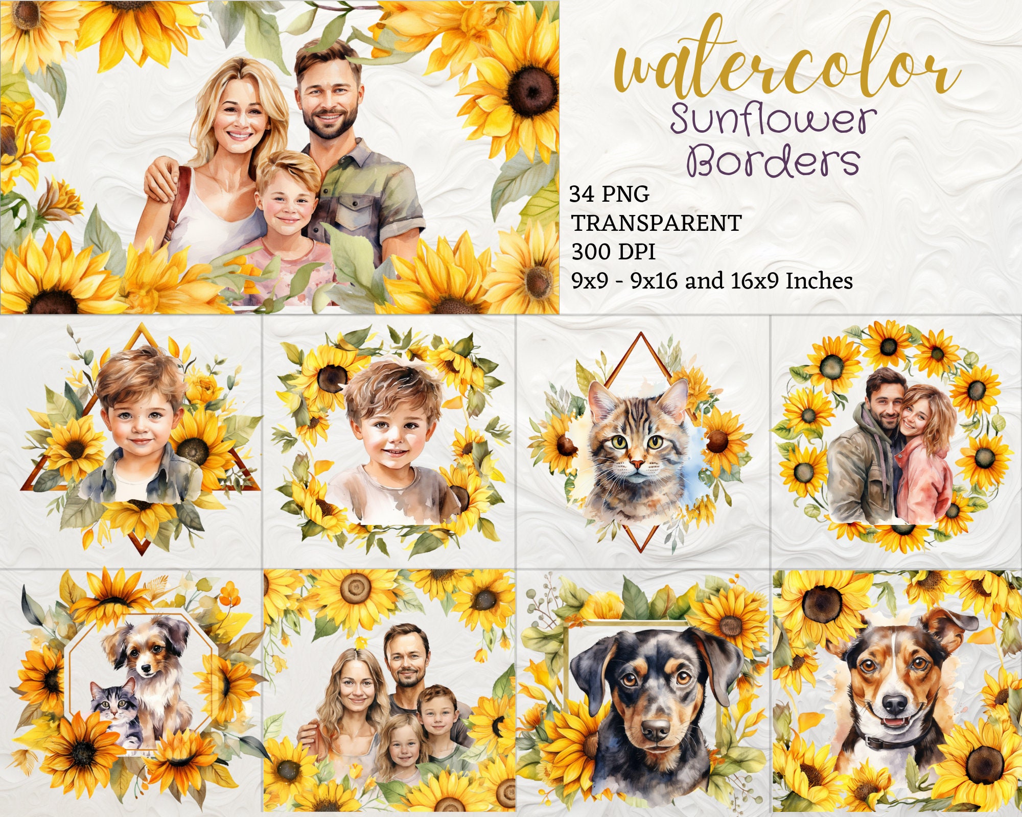 Watercolor Sunflower Clipart 34 PNG Sunflower Frame Clipart Instant ...