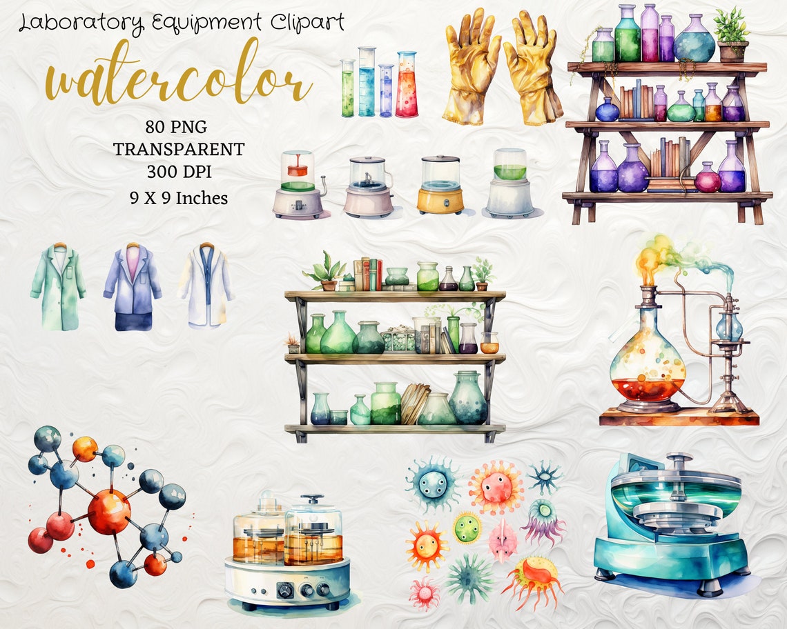 Watercolor Laboratory Equipment Clipart 80 PNG Microscope Clipart DNA ...