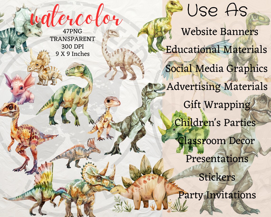 Watercolor Dinosaurs Clipart 47 Creative PNG Instant Download ...