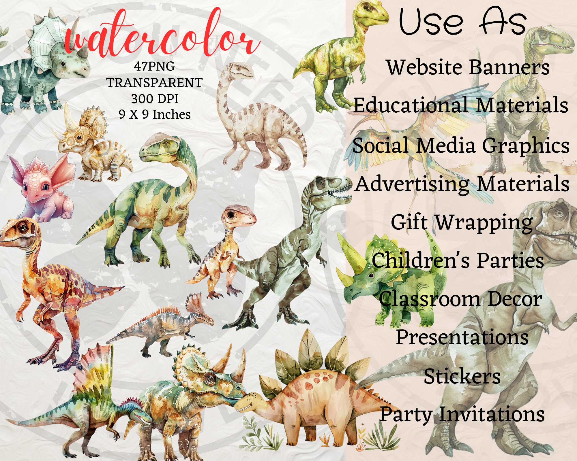 Watercolor Dinosaurs Clipart 47 Creative PNG Instant Download ...
