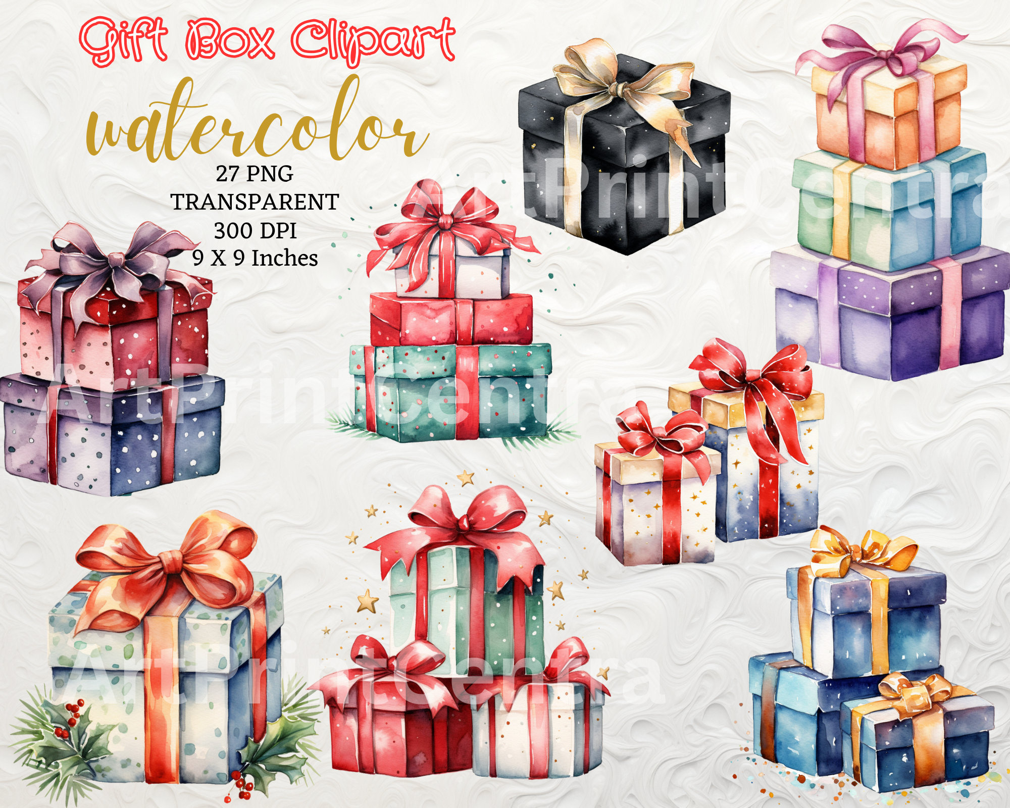Watercolor Christmas Gift Box Clipart 27 PNG Creative Boxes Xmas Gift ...