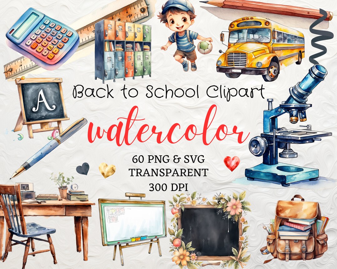 Watercolor Back to School Clipart Teacher Clipart 60 PNG SVG Watercolor ...