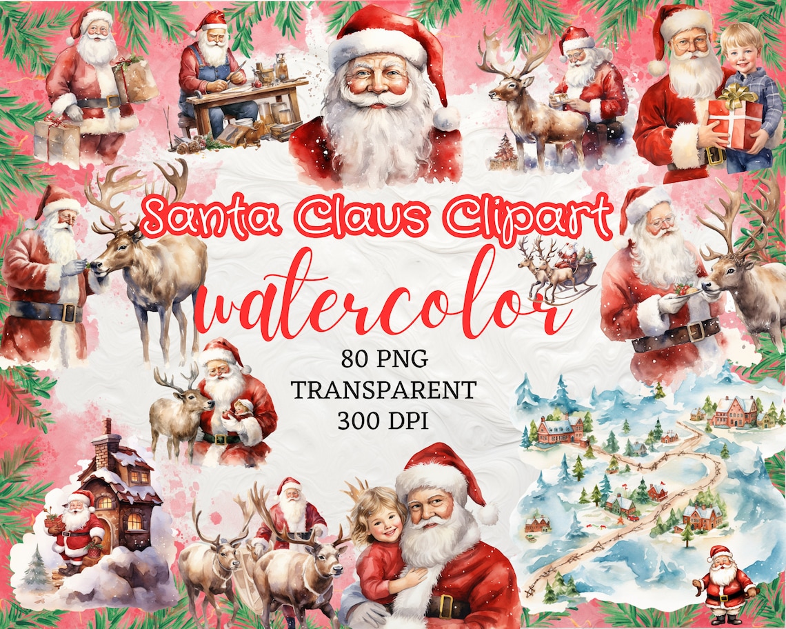 Watercolor Santa Claus Clipart 80 PNG Santa and Reindeer Clipart ...