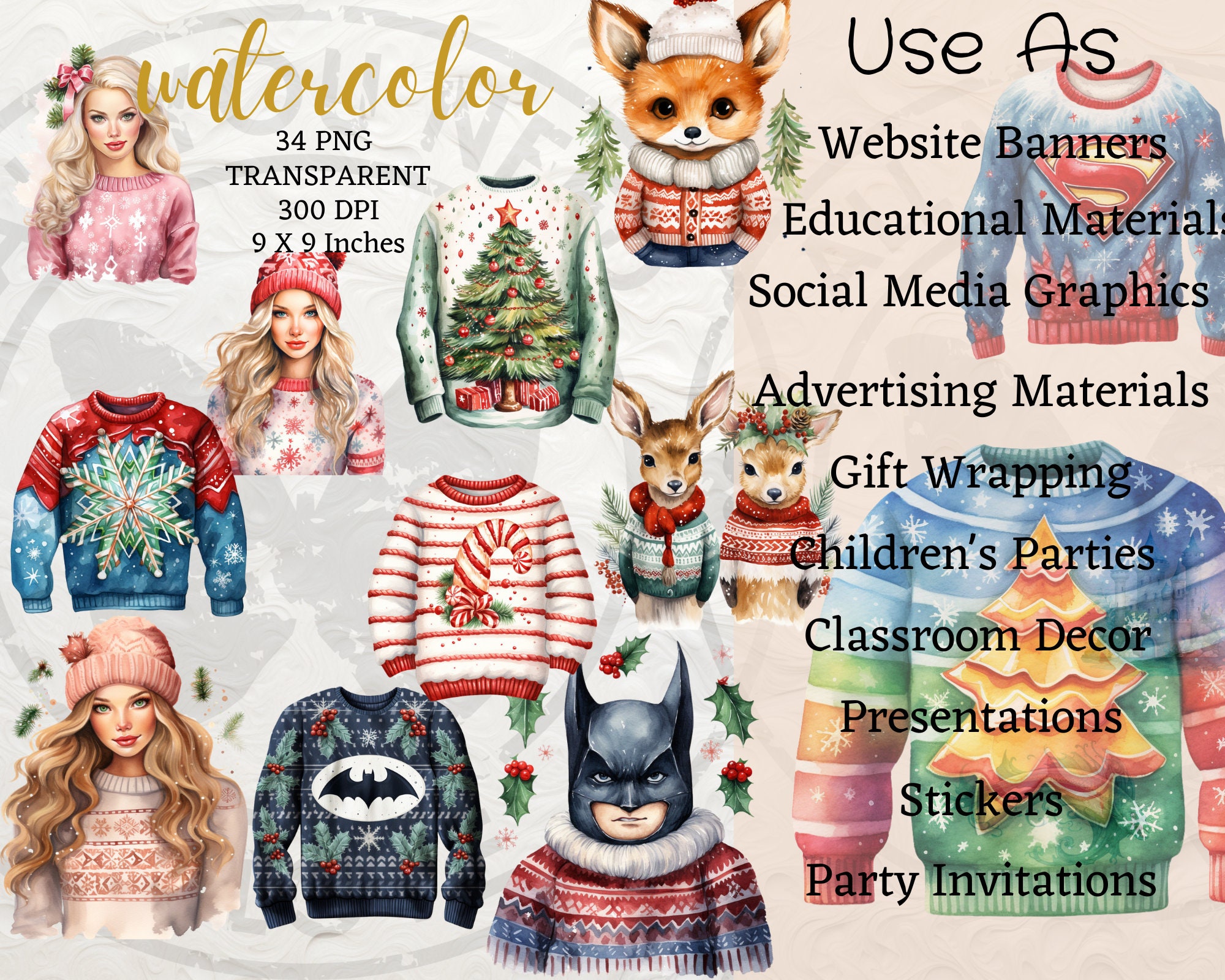 Watercolor Ugly Sweater Clipart 34 Creative Christmas Sweater - Etsy