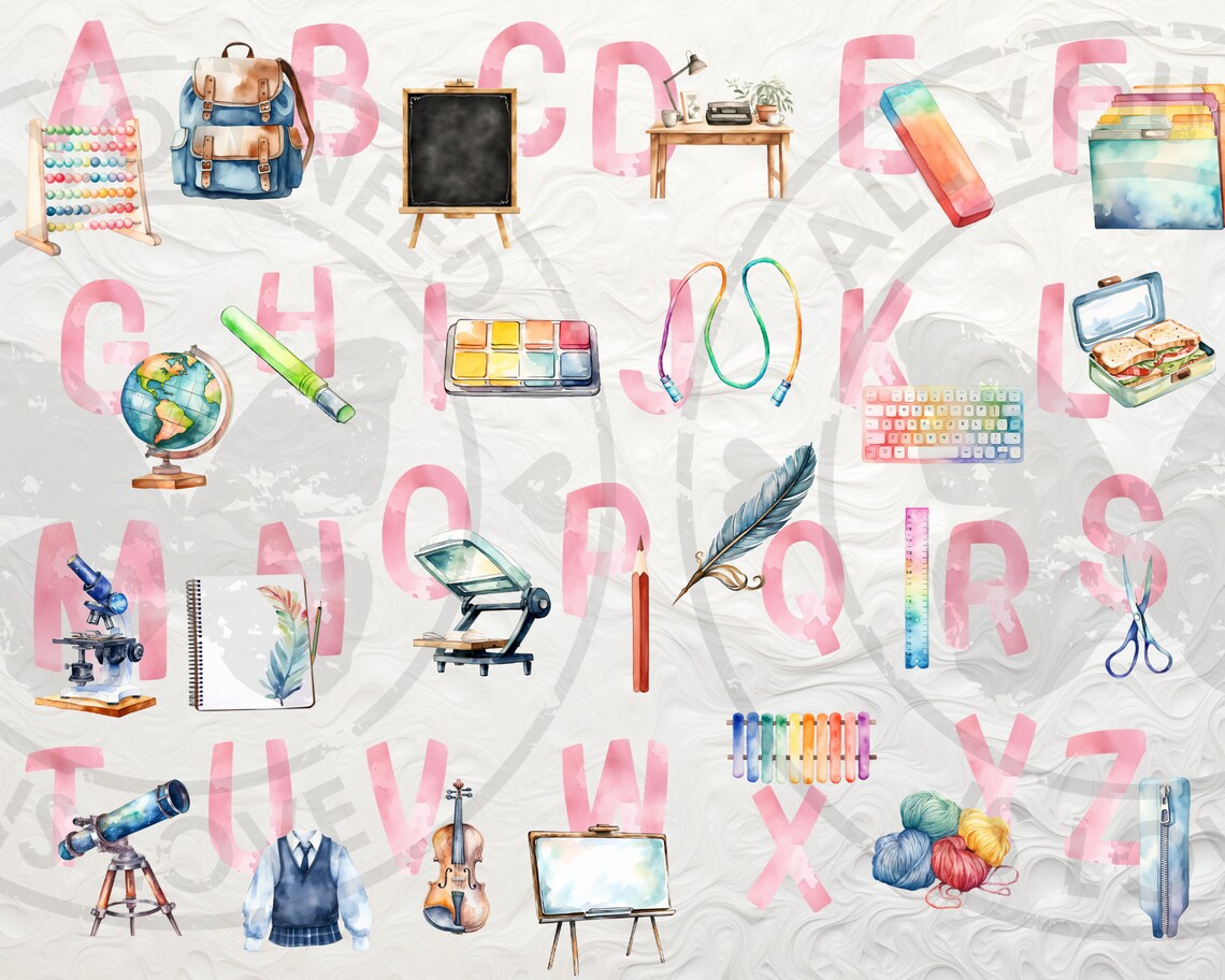 Watercolor School Object Clipart 26 PNG Back to School A-Z Clipart ...
