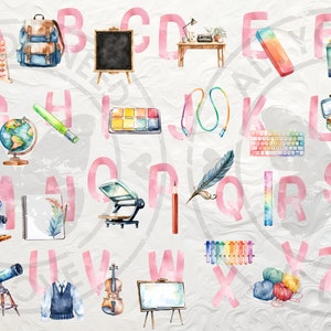 Watercolor School Object Clipart 26 PNG Back to School A-Z Clipart ...