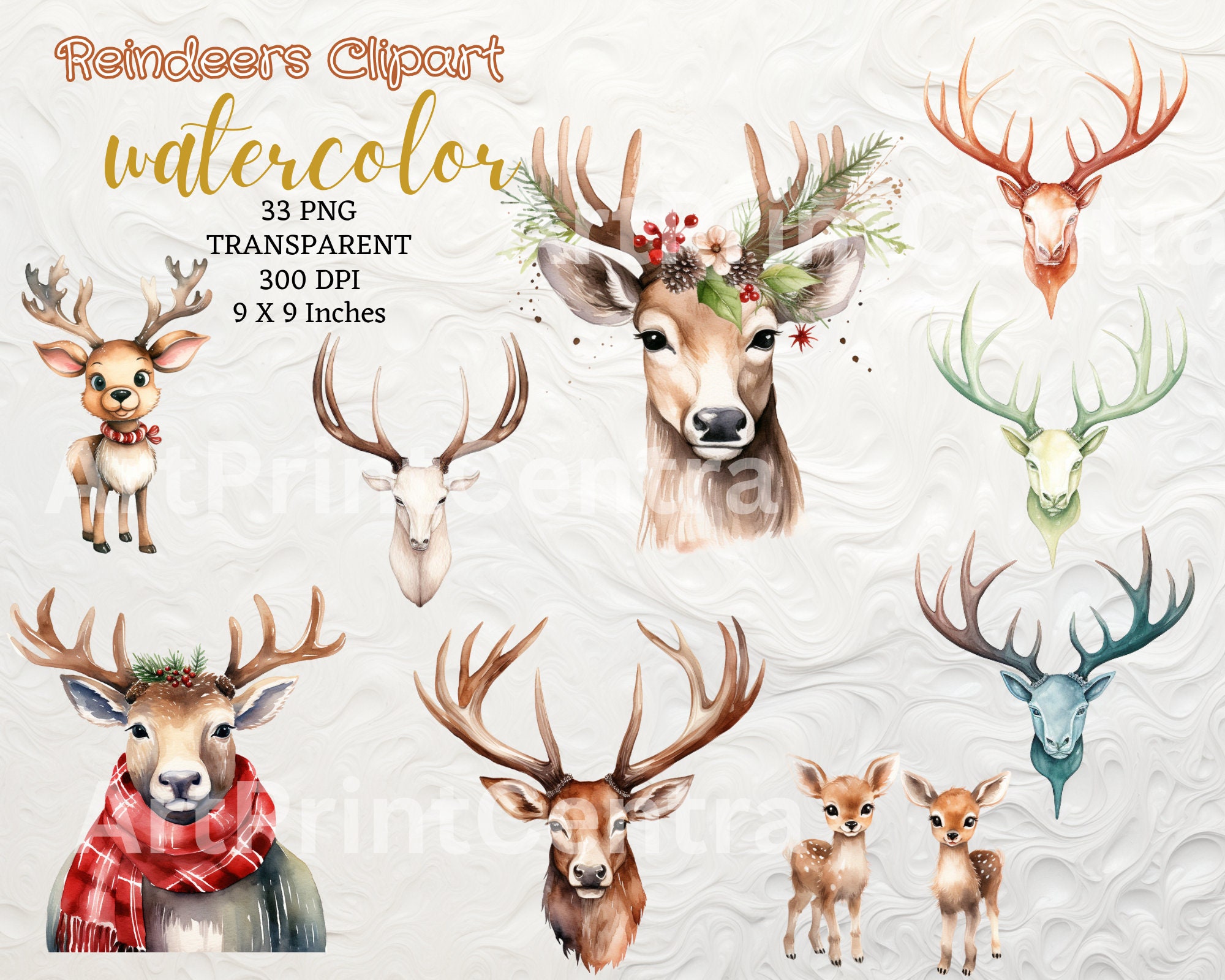 Watercolor Christmas Reindeers Clipart 33 PNG Reindeer Instant Download ...
