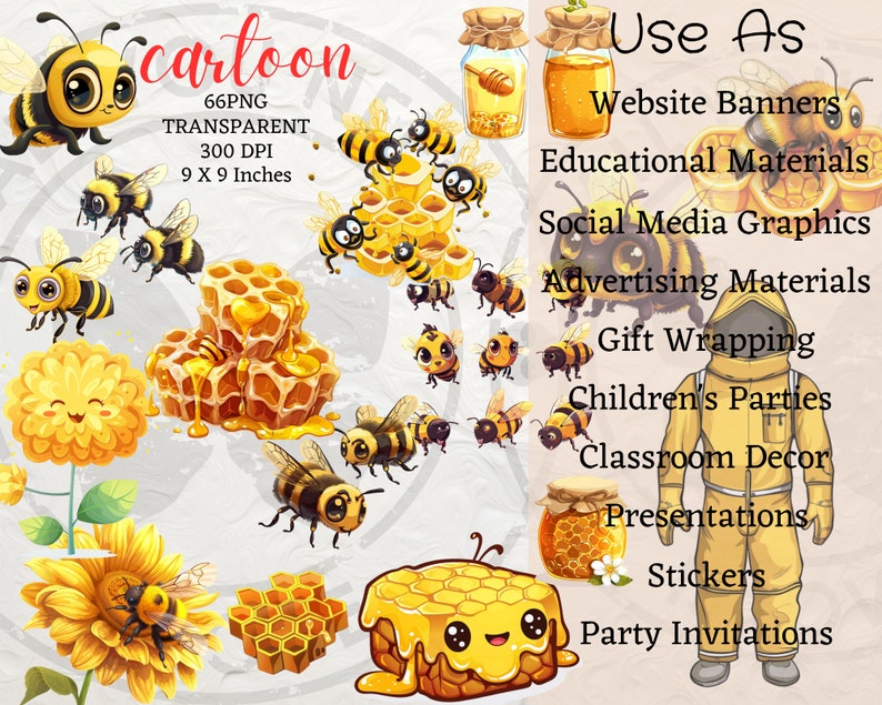 Bee Clipart 66 Creative PNG Instant Download Commercial Use Cartoon Bee ...