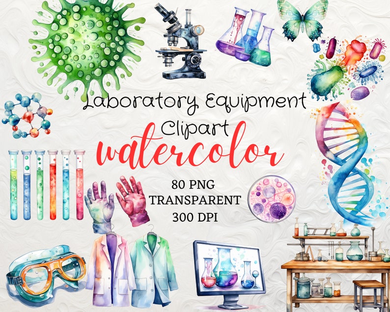 Watercolor Laboratory Equipment Clipart 80 PNG Microscope Clipart DNA ...