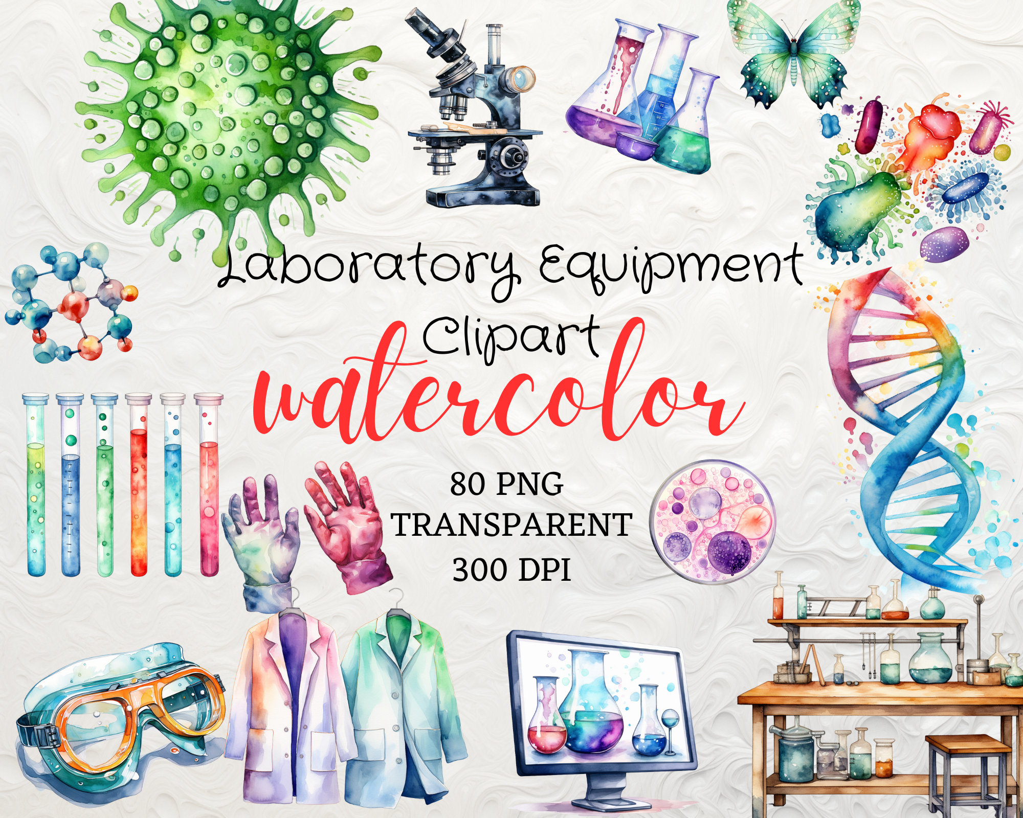 Watercolor Laboratory Equipment Clipart 80 PNG Microscope Clipart DNA ...