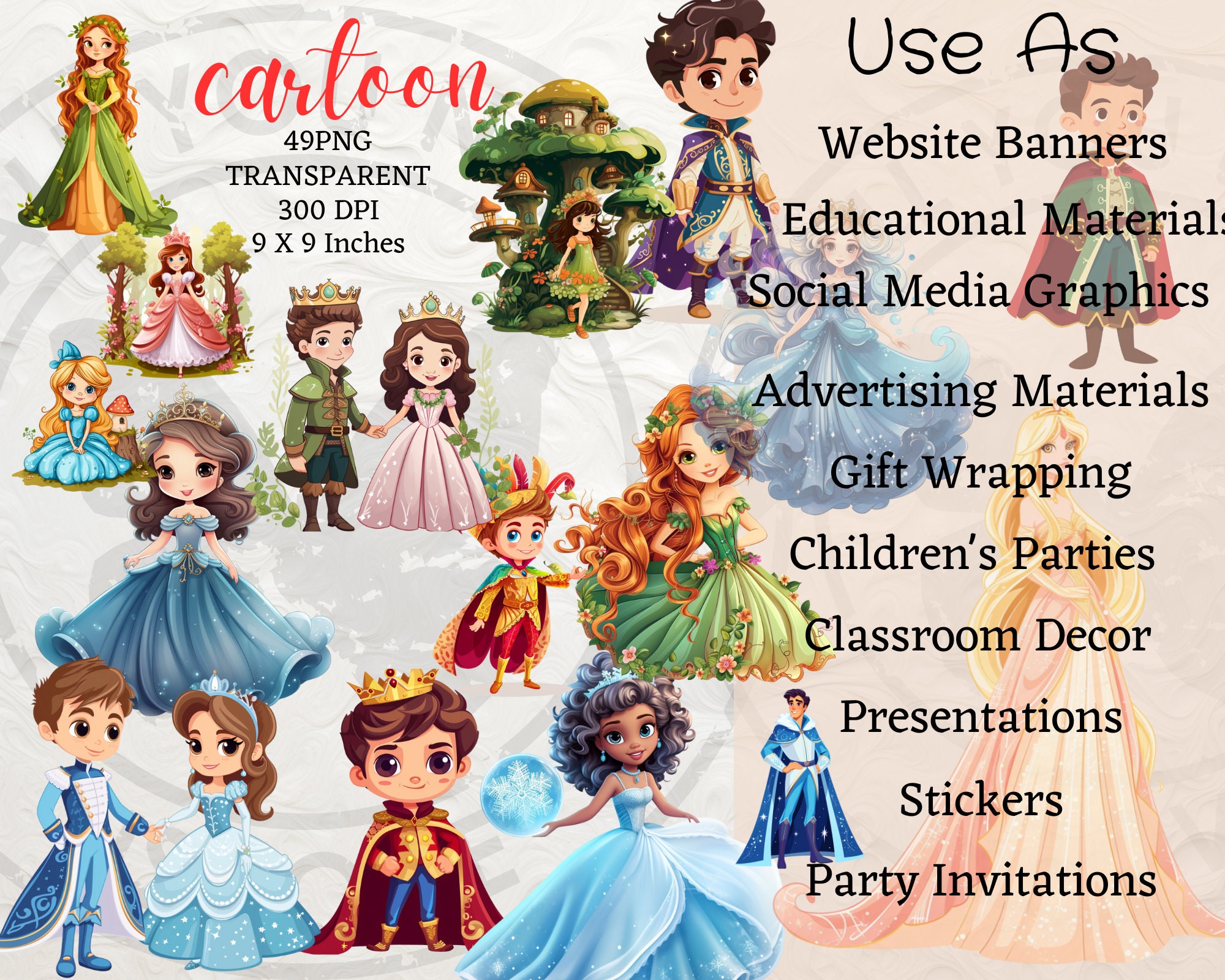 Princess and Prince Clipart 49 Creative PNG Instant Download Commercial ...