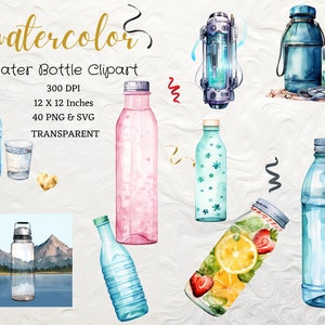 Watercolor Water Bottle Clipart 40 PNG Bottle of Water Drink Clipart ...