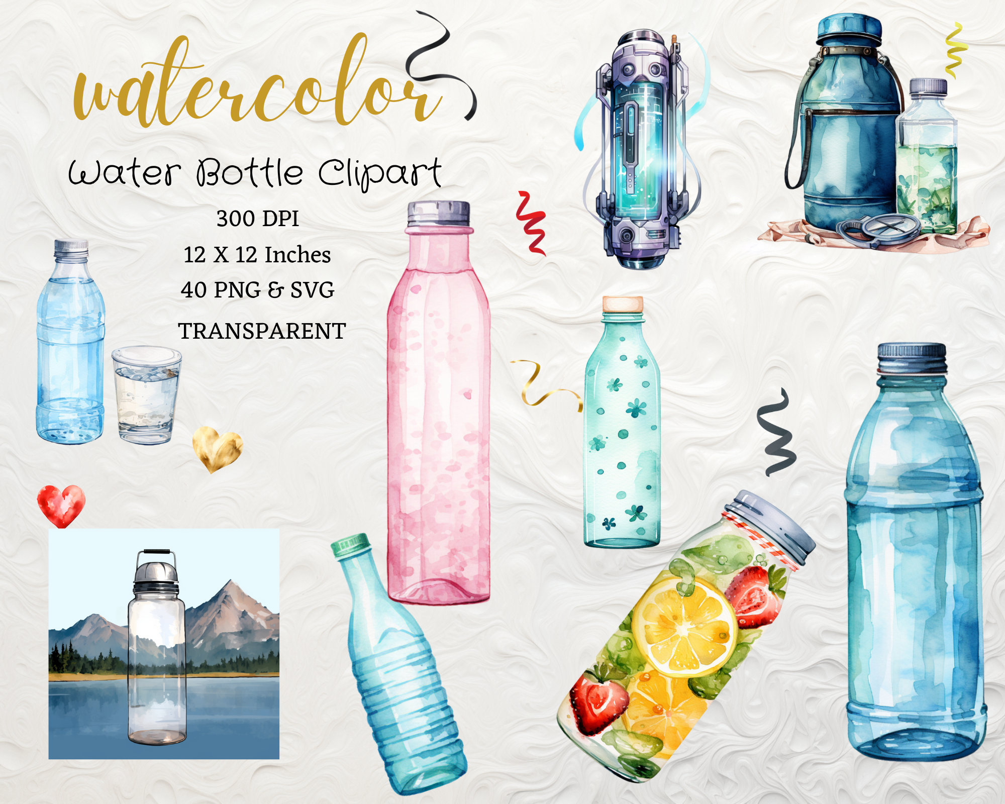 Watercolor Water Bottle Clipart 40 PNG Bottle of Water Drink Clipart ...