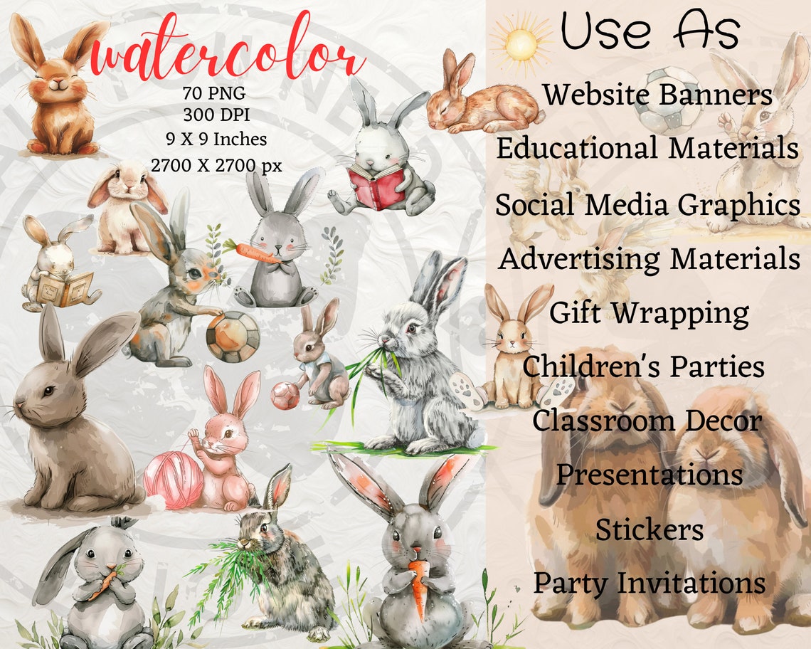 Watercolor Bunny Clipart 70 Creative PNG Instant Download Commercial ...