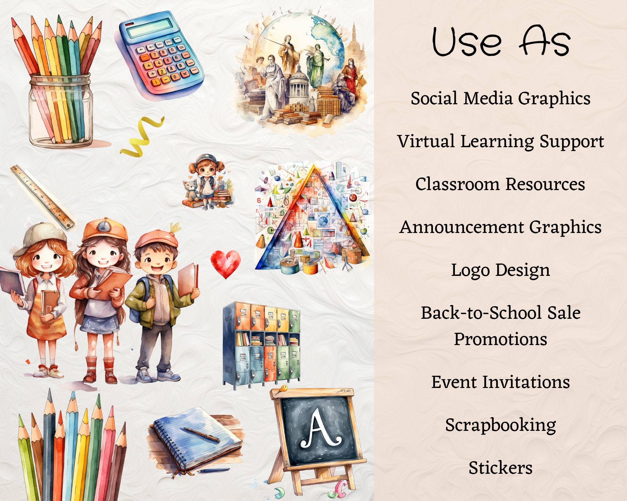 Watercolor Back to School Clipart Teacher Clipart 60 PNG SVG Watercolor ...