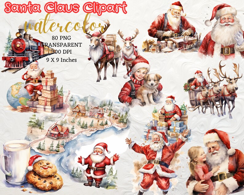 Watercolor Santa Claus Clipart 80 PNG Santa and Reindeer Clipart ...