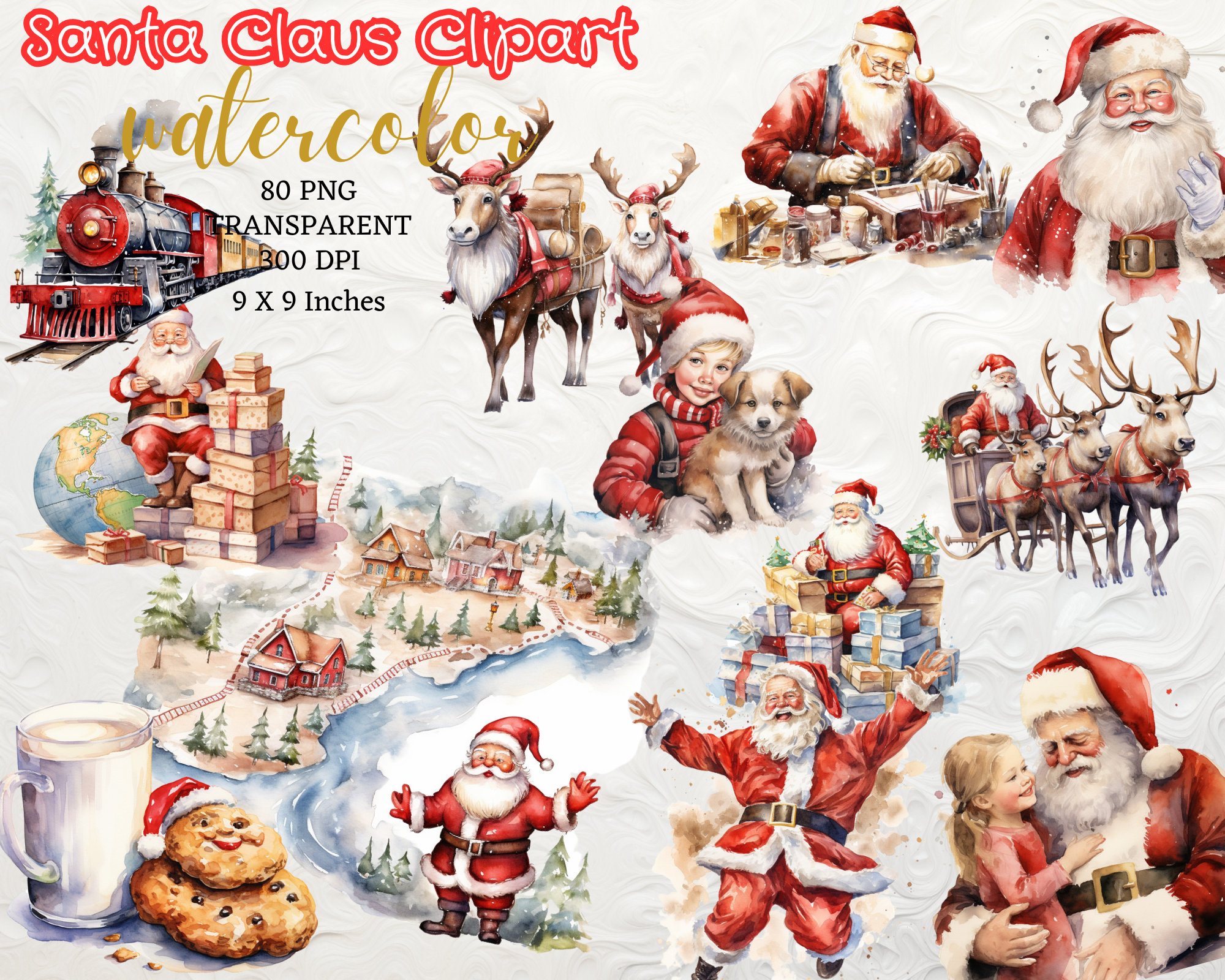 Watercolor Santa Claus Clipart 80 PNG Santa and Reindeer Clipart ...