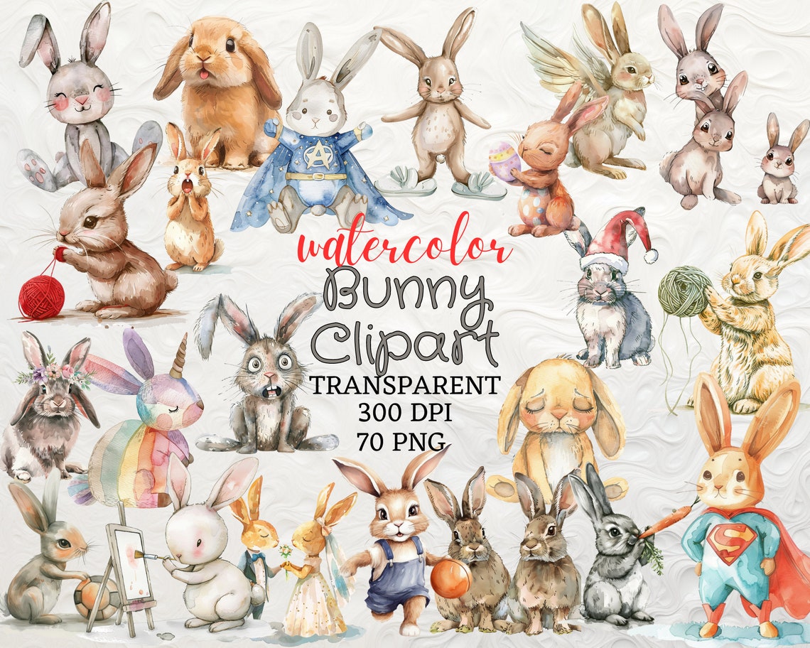 Watercolor Bunny Clipart 70 Creative PNG Instant Download Commercial ...