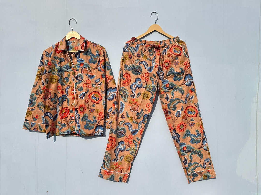 Floral Print Pajama Set Hand Block Print Pajama Set, Bohemian Women PJ ...