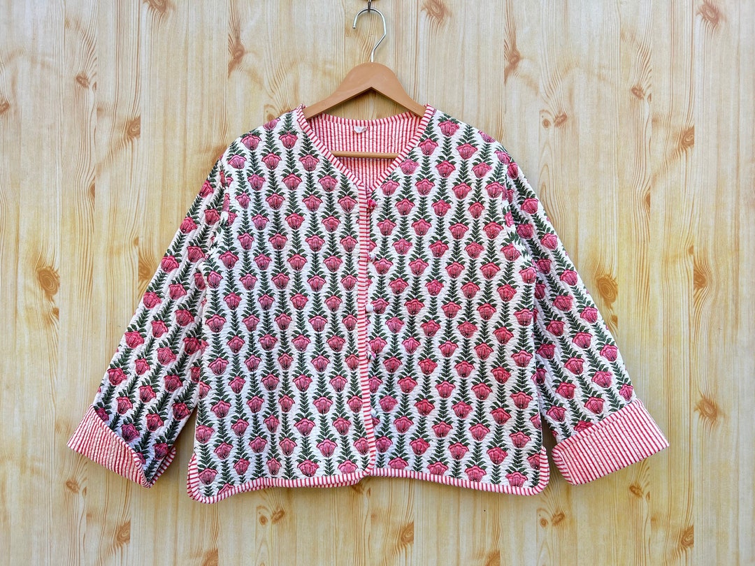 Hand Block Print Floral Cotton Jacket Reversible Stripe Piping Short ...