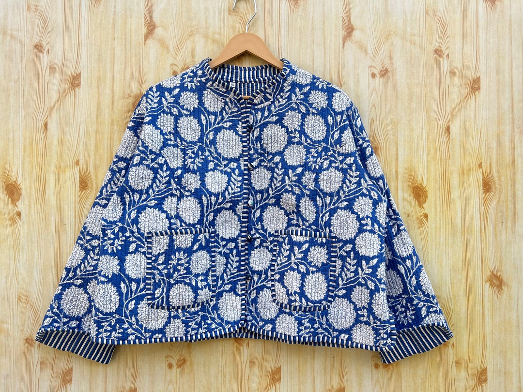 Reversible Cotton Block Print Jacket Stripe Piping Indian Handmade ...