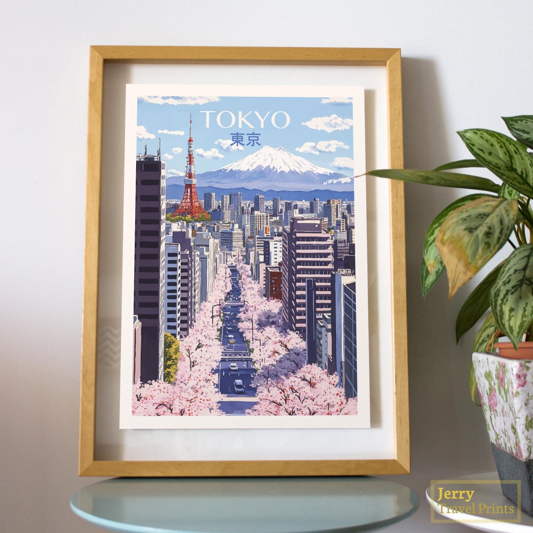 Tokyo Skyline Print | Tokyo Tower | Mount Fuji Artwork | Nippon Cherry ...