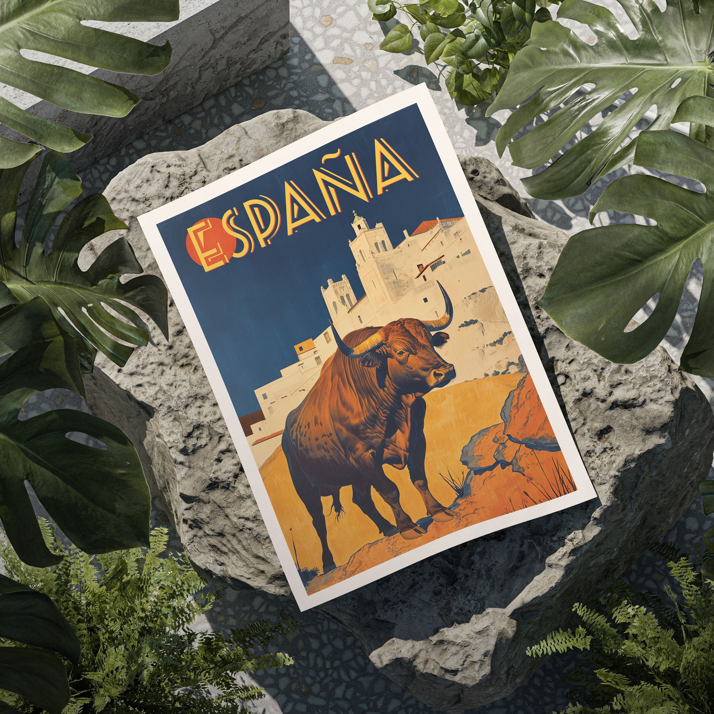 Spain Travel Poster Spanish Wall Art Print Bull and Pueblo Blanco ...