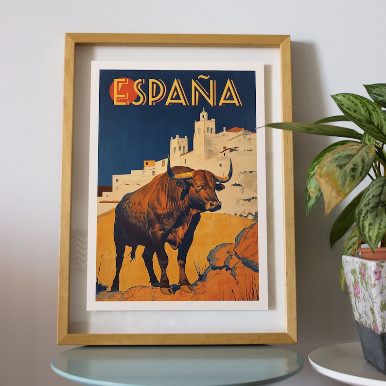 Spain Travel Poster Spanish Wall Art Print Bull and Pueblo Blanco ...