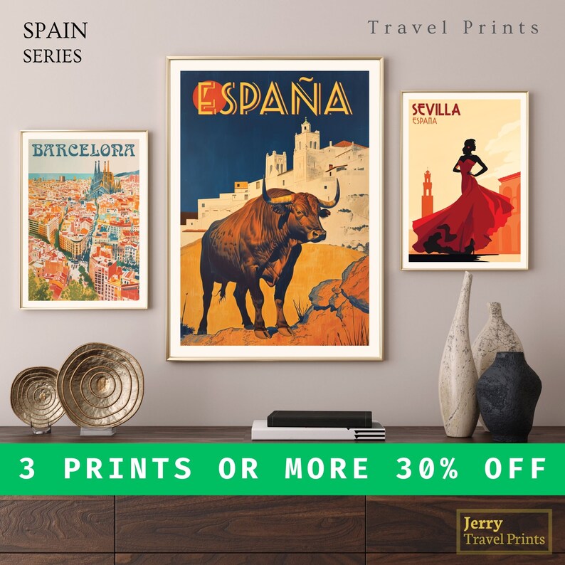 Spain Travel Poster Spanish Wall Art Print Bull and Pueblo Blanco ...