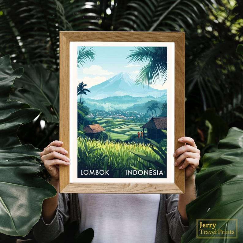 Lombok Rice Paddies Travel Poster: Retro Indonesian Art Print (digital ...