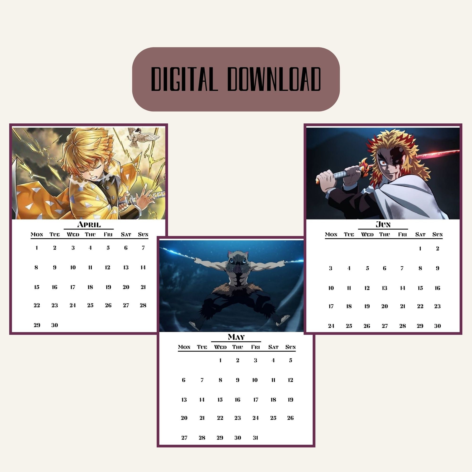 Printable Anime Calendar 2024 Printable Monthly Calendar Etsy