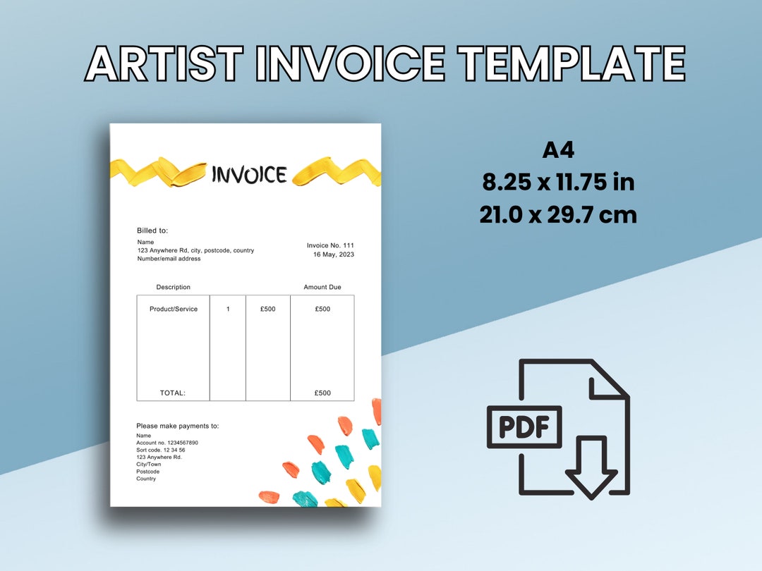 Artist Invoice Template PDF, Editable Invoice Template for Freelancers and Artists, Colourful ...