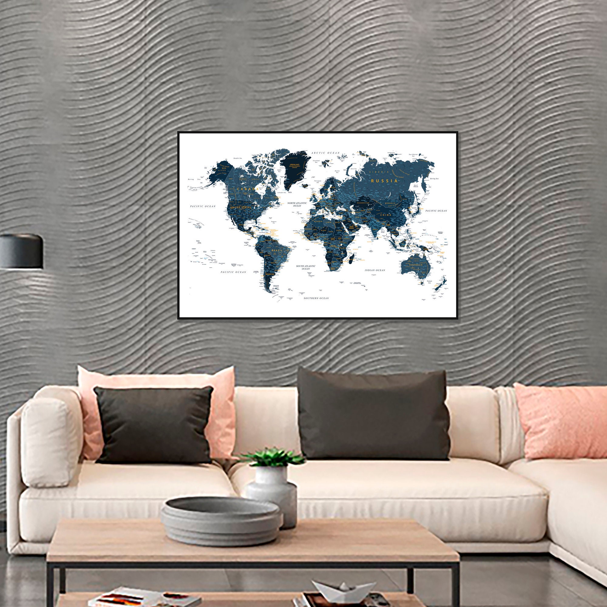 World Map Blue Digital Print World Map Poster Large Wall Art - Etsy