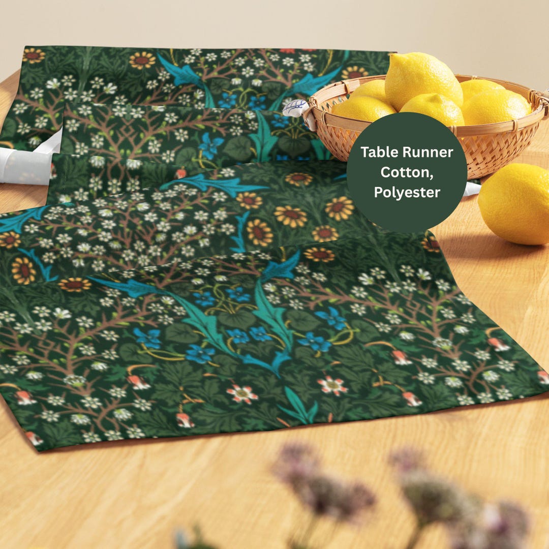 Table Runner William Morris Vine & Jasmine Style, Dark Green Blue ...