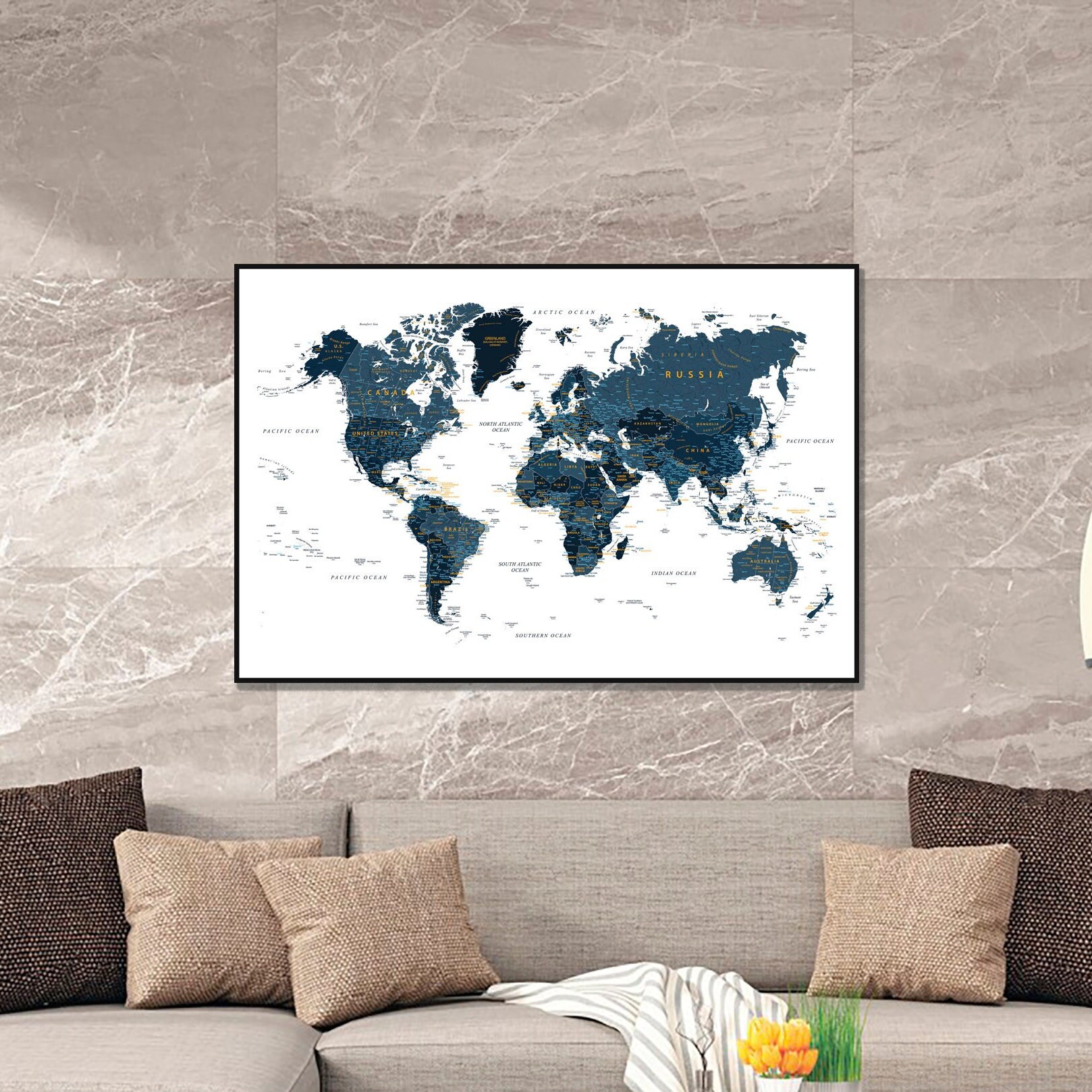 World Map Blue Digital Print World Map Poster Large Wall Art - Etsy